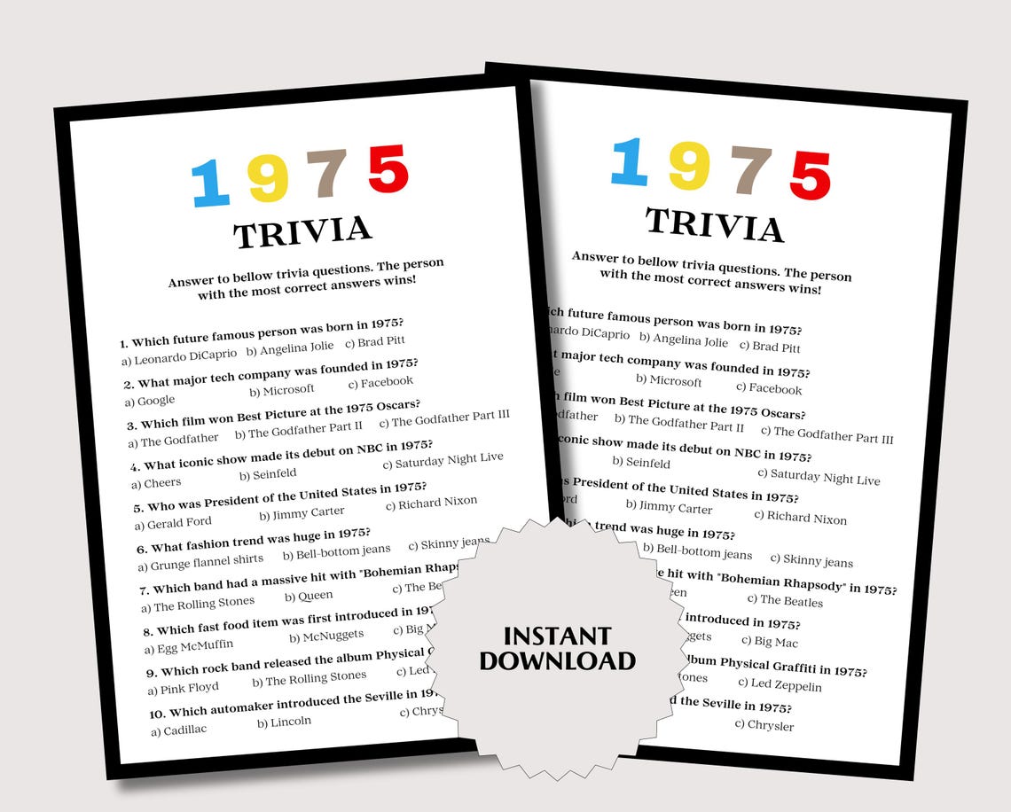 1975 Trivia Game, 50th Birthday Party Activities, 50th Birthday Trivia ...