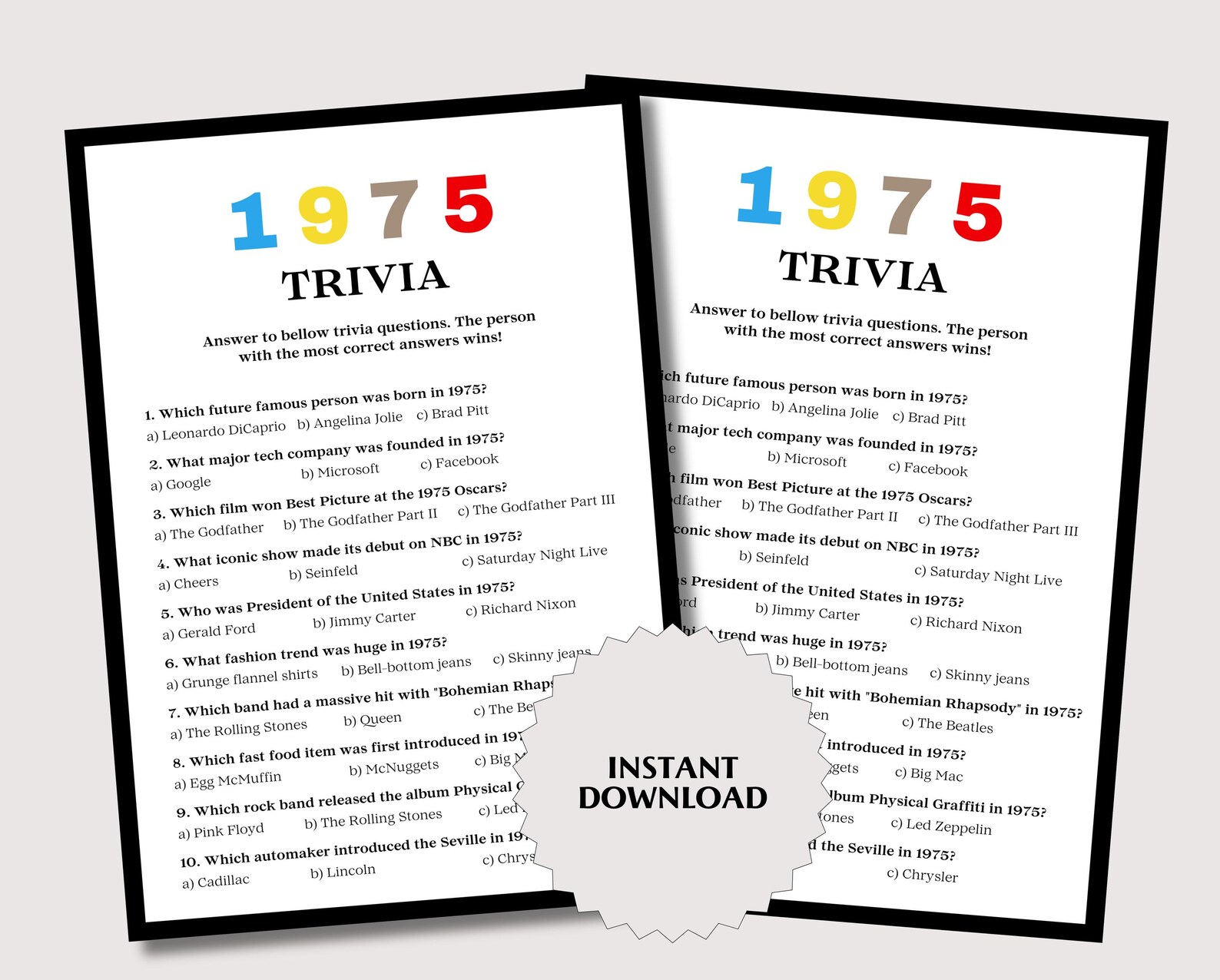 1975 Trivia Game, 50th Birthday Party Activities, 50th Birthday Trivia ...