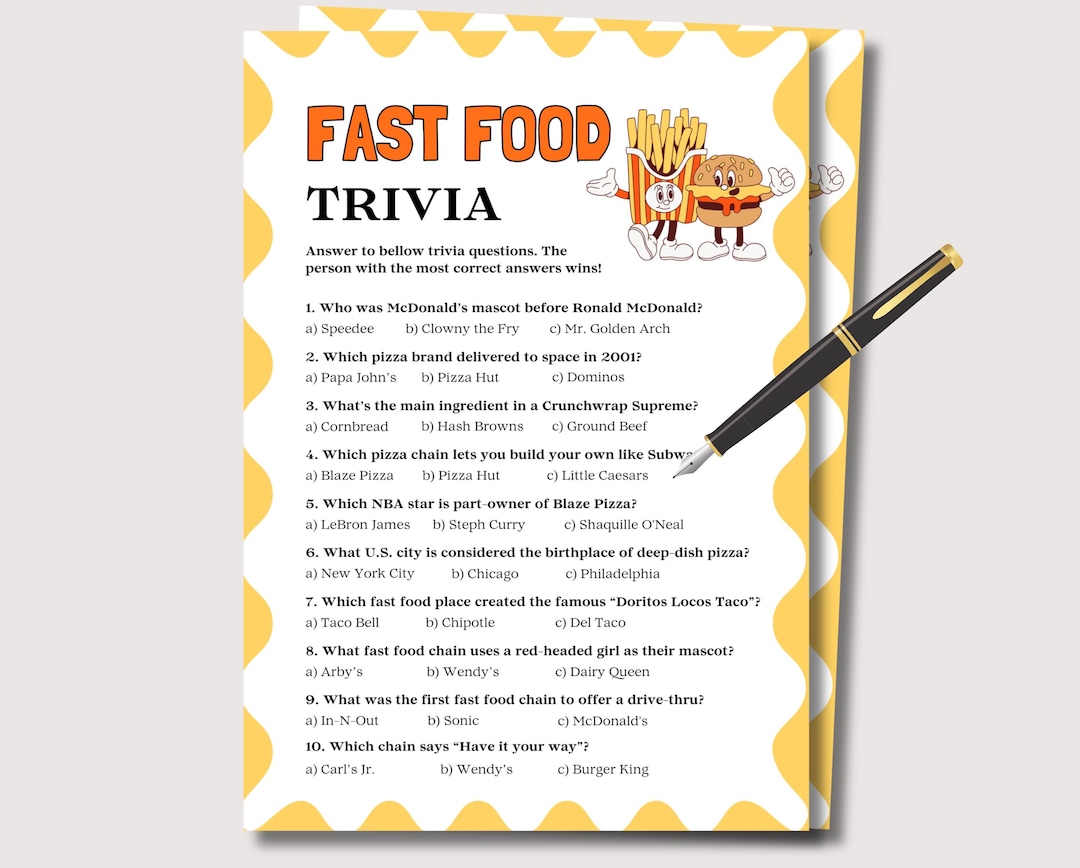 Fast Food Trivia Game, Printable Fast Food Quiz, Trivia Game for Kids ...