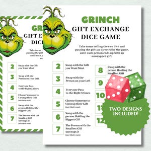 Grinch Gift Exchange Dice Game, Funny Christmas Pass the Gift Grinch ...