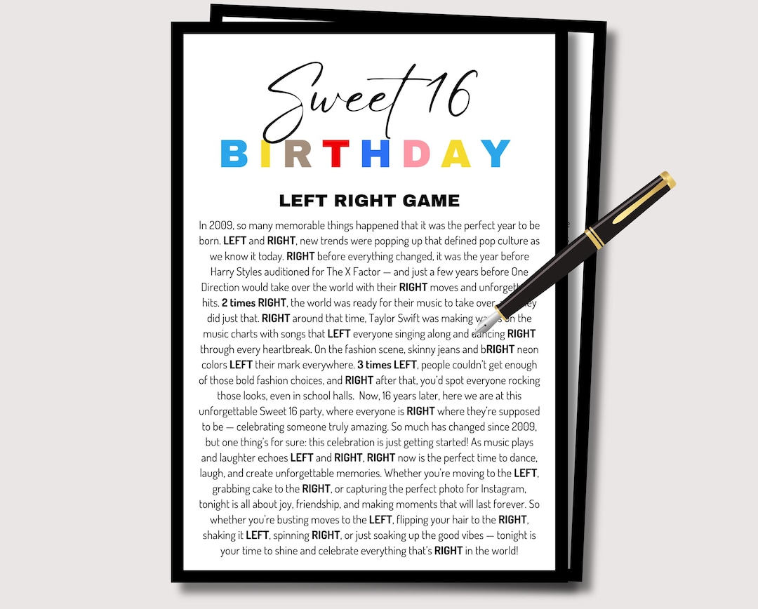 Sweet 16 Left Right Game, Sweet 16 Birthday Party Game, Sweet Sixteen ...