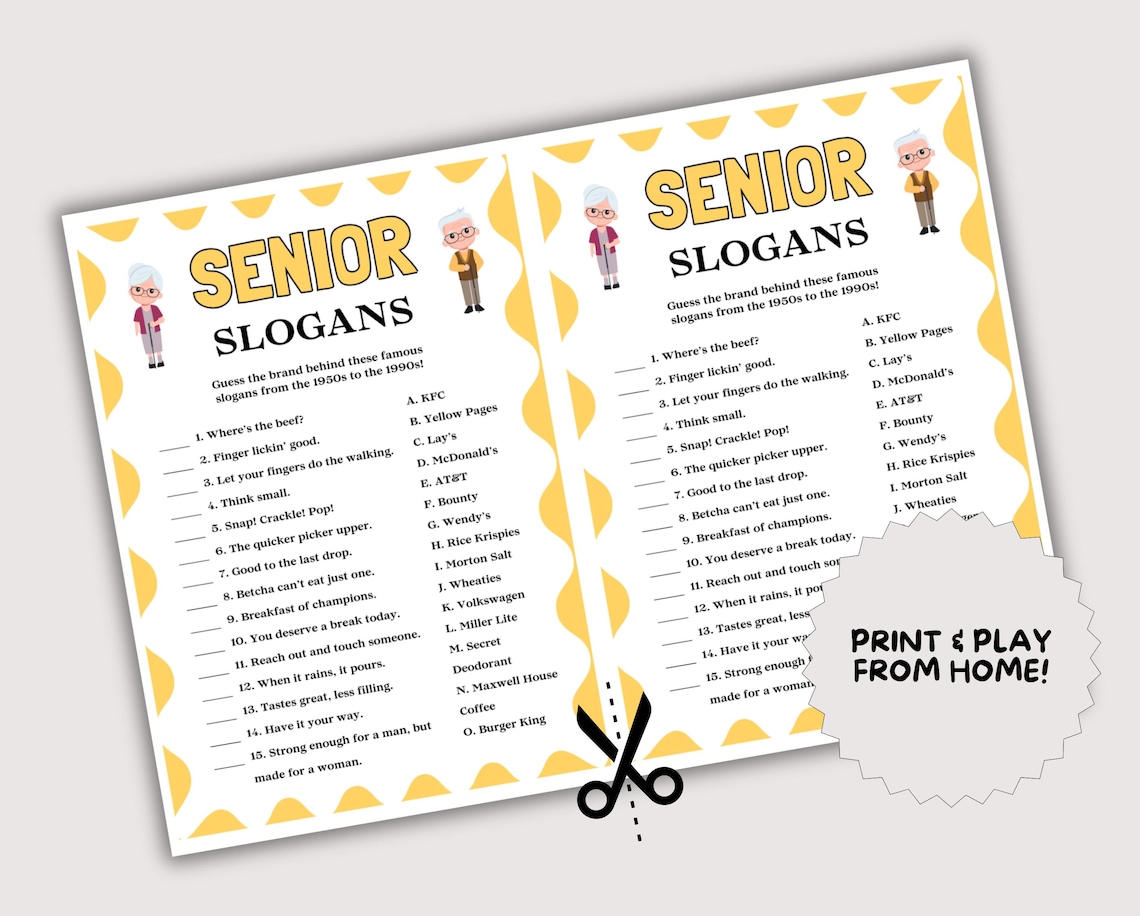 Senior Slogans Game, Funny Printable Trivia for Seniors Games for ...