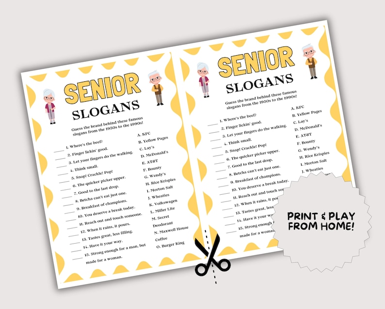 Senior Slogans Game, Funny Printable Trivia for Seniors Games for ...