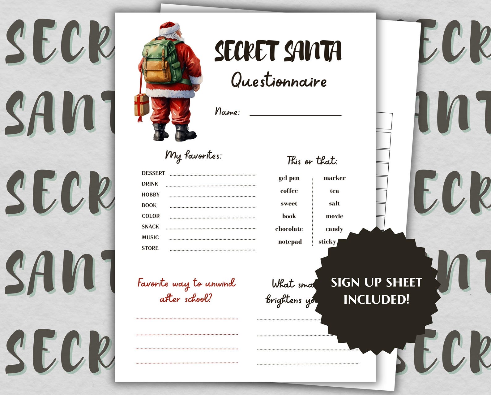 Secret Santa Questionnaire Printable, School Coworker Secret Santa ...
