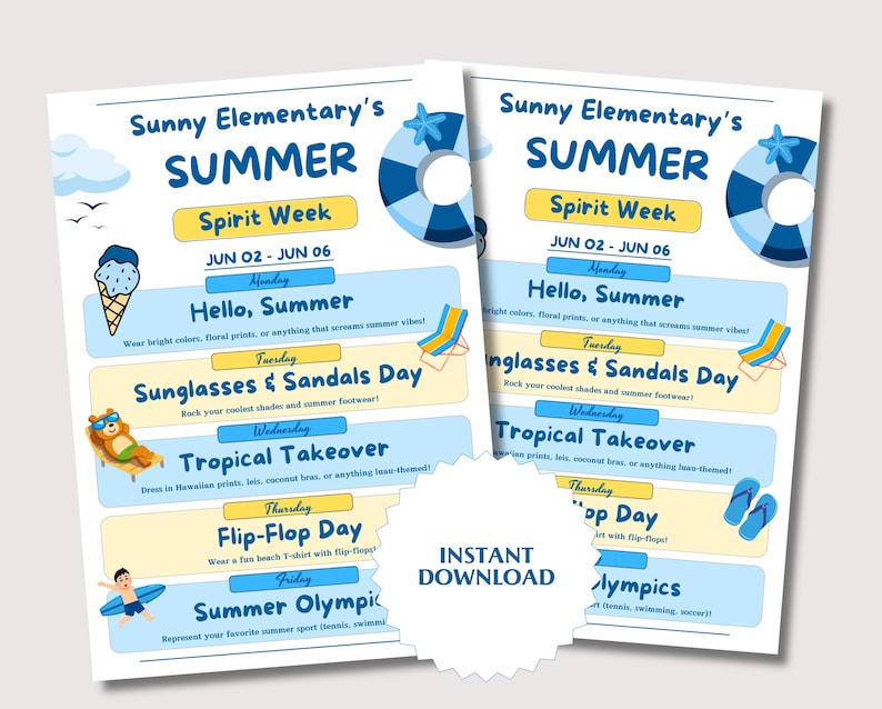 Summer Spirit Week Flyer Editable in Canva, Summer School Spirit Week ...