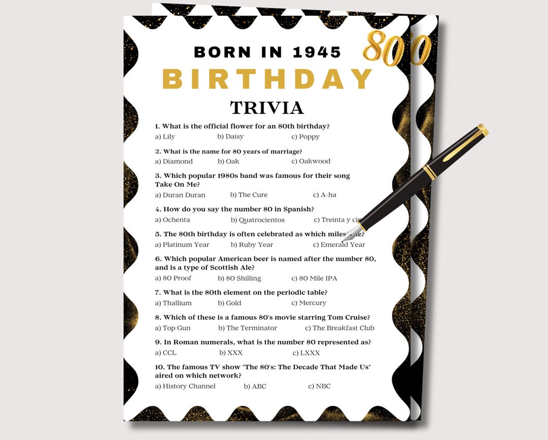 80th Birthday Trivia Game, 80th Birthday Games, Printable 80th Birthday ...