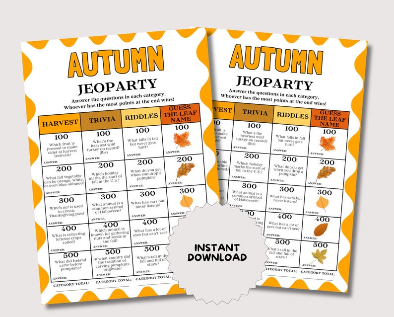Fall Jeopardy Game, Fun Fall Game for Adults Kids and Seniors, Autumn ...
