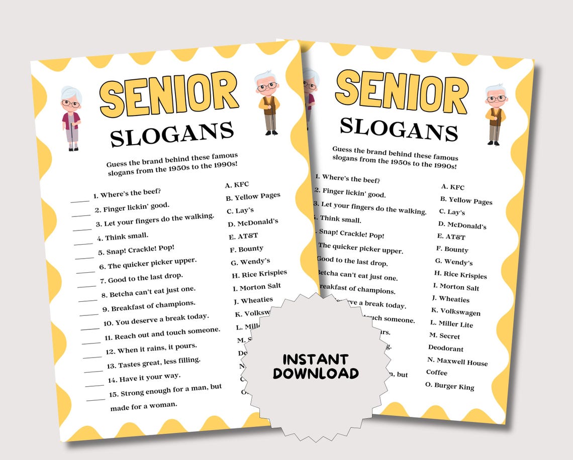 Senior Slogans Game, Funny Printable Trivia for Seniors Games for ...
