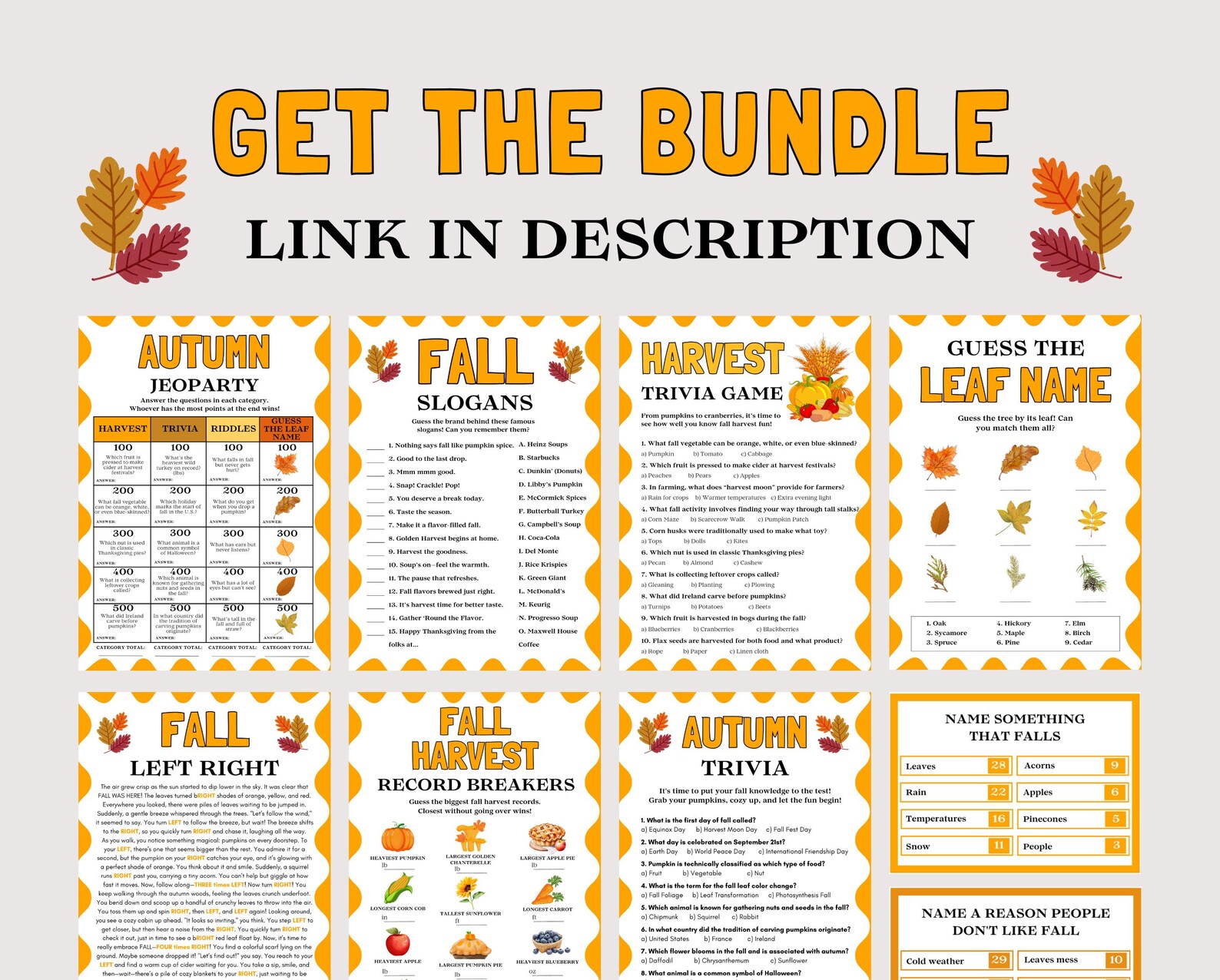 Fall Jeopardy Game, Fun Fall Game for Adults Kids and Seniors, Autumn ...