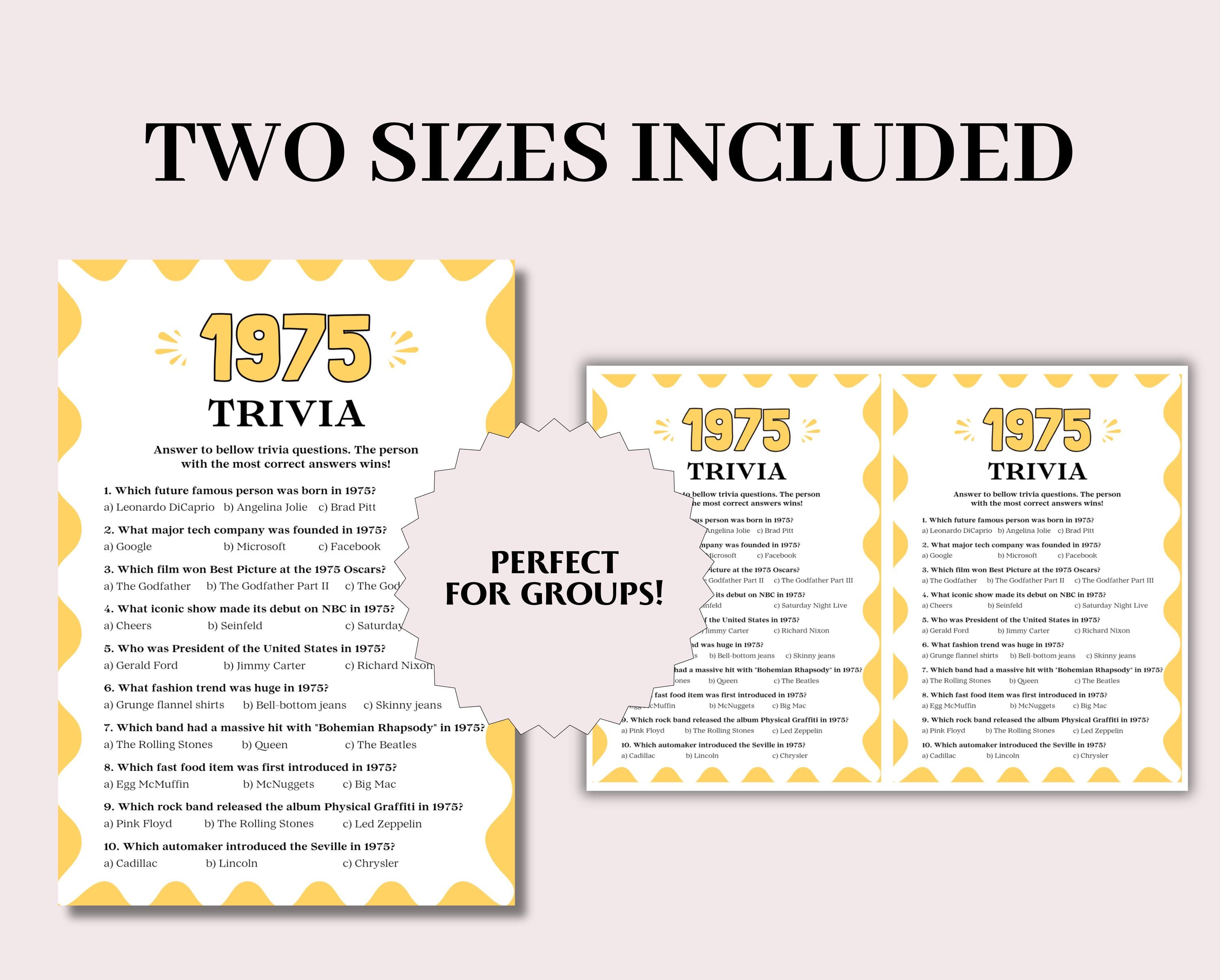 1975 Trivia Game, Fun 1975 Birthday Game for Her Him, 1975 Trivia Game ...