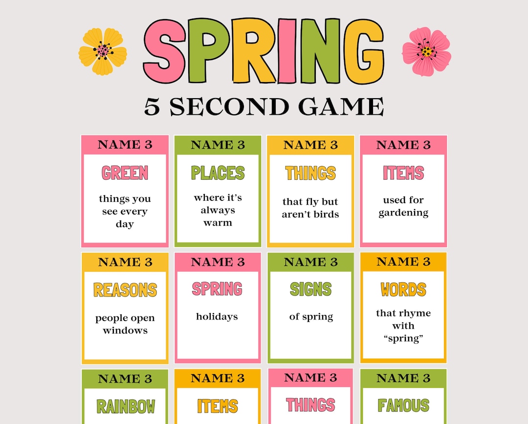 Spring 5 Second Game, Fun Printable Spring Think Fast Game for Adults ...