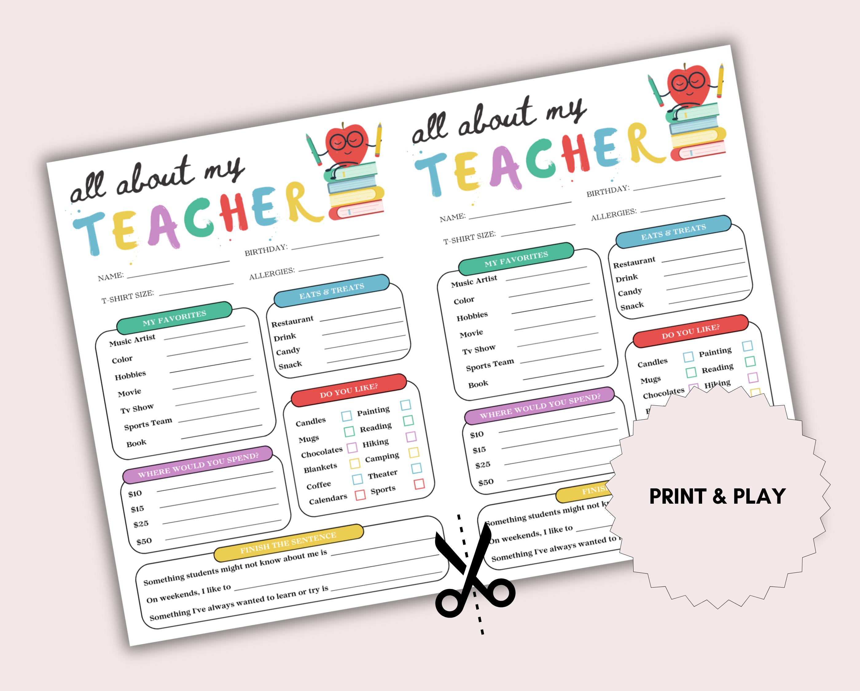 All About My Teacher Favorite Things Questionnaire, Printable Teacher ...
