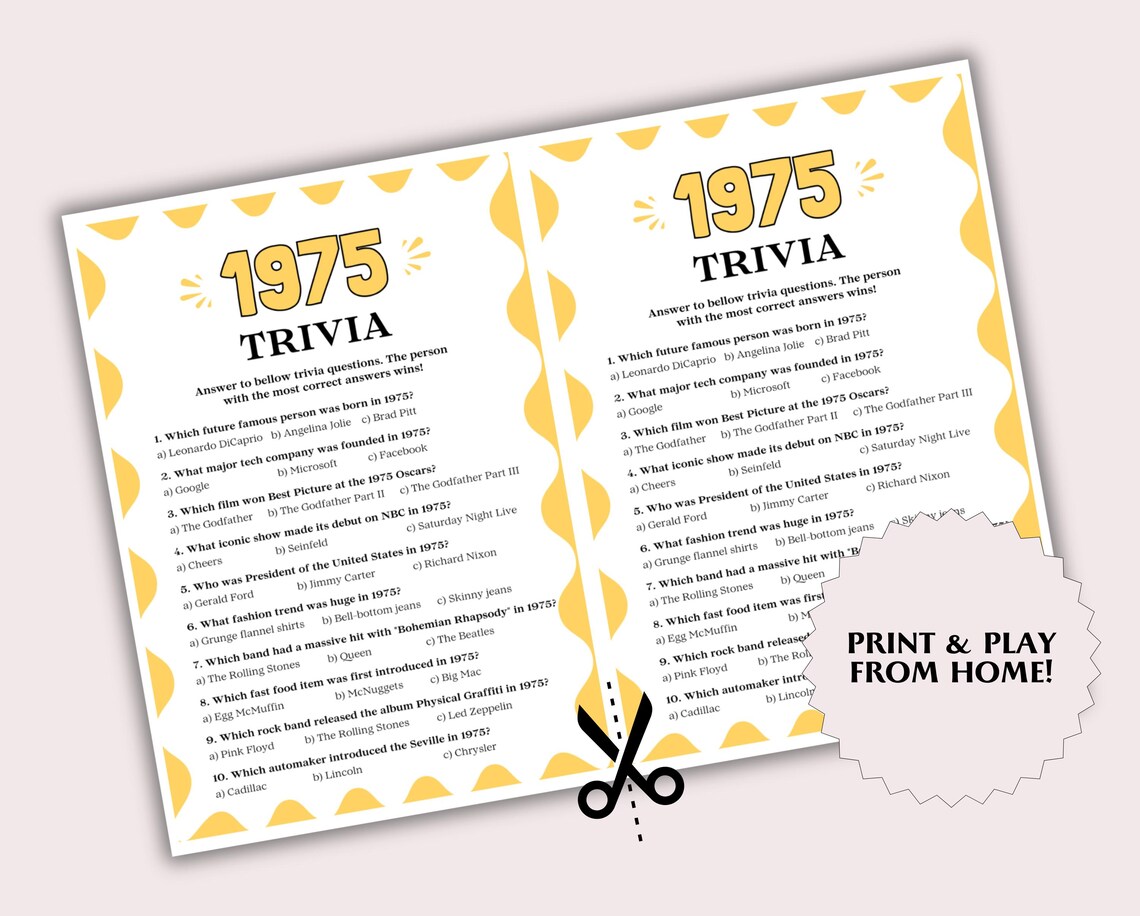 1975 Trivia Game, Fun 1975 Birthday Game for Her Him, 1975 Trivia Game ...