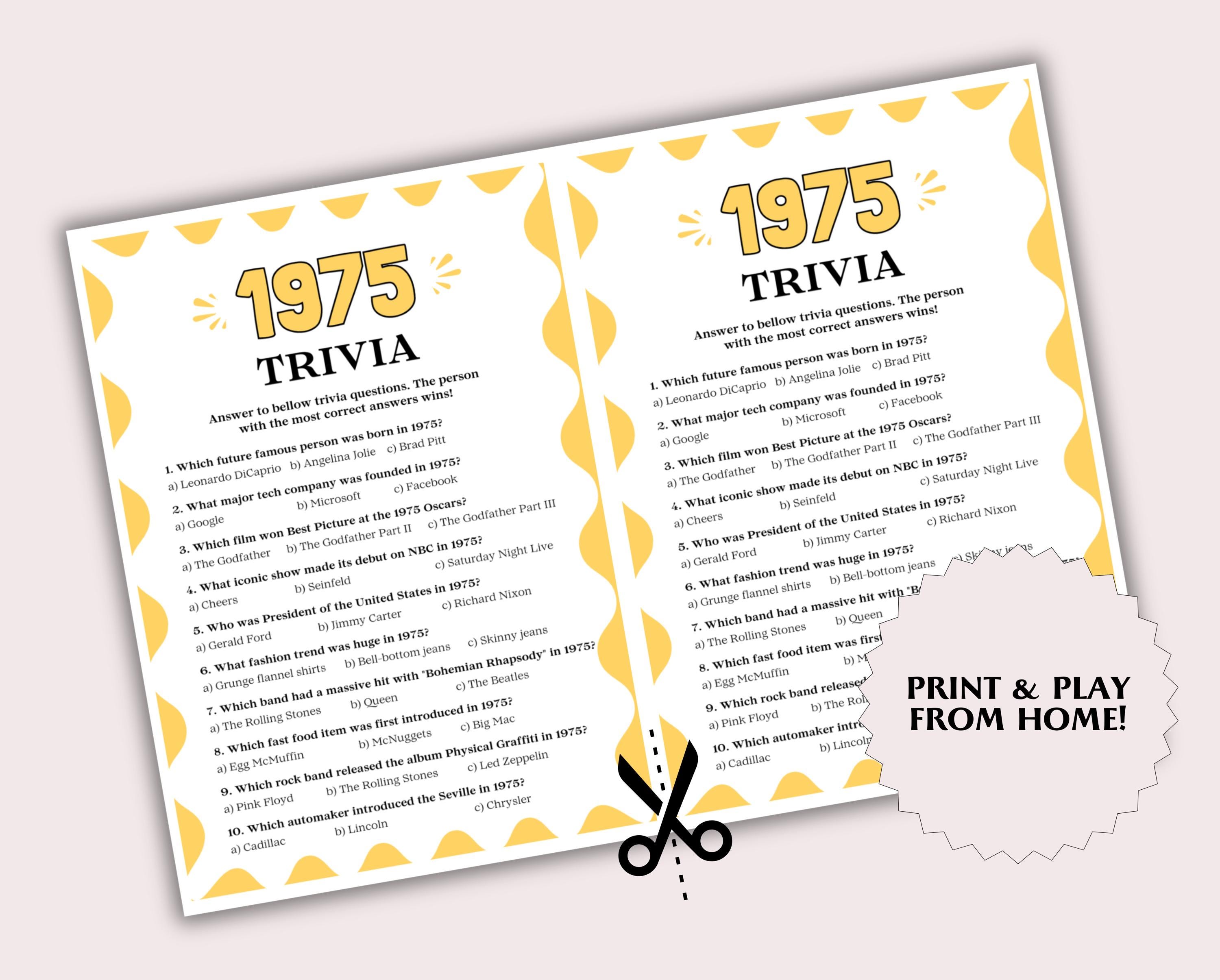 1975 Trivia Game, Fun 1975 Birthday Game for Her Him, 1975 Trivia Game ...