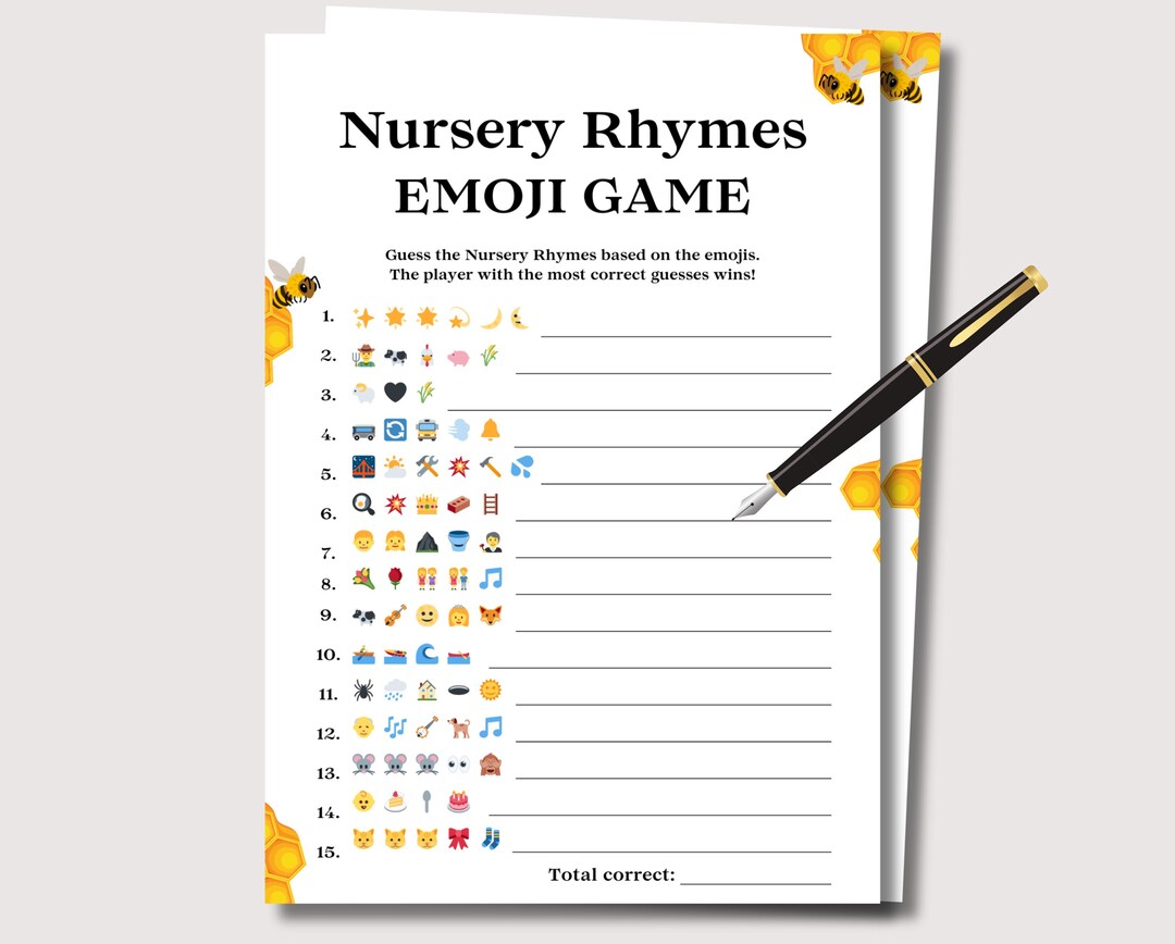 Nursery Rhymes Emoji Pictionary Game, Printable Bee Baby Shower Games ...