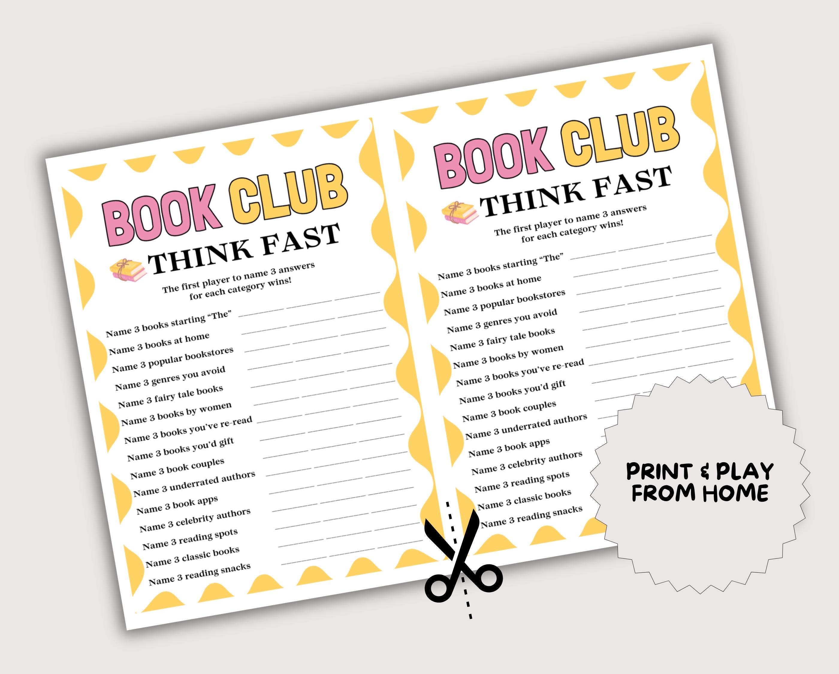 Book Club Think Fast Game, Fun Printable Book Club Game, Book Club Ice ...
