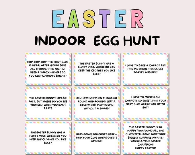 Easter Egg Hunt Game, Indoor Easter Egg Hunt Clues, Easter Printable ...