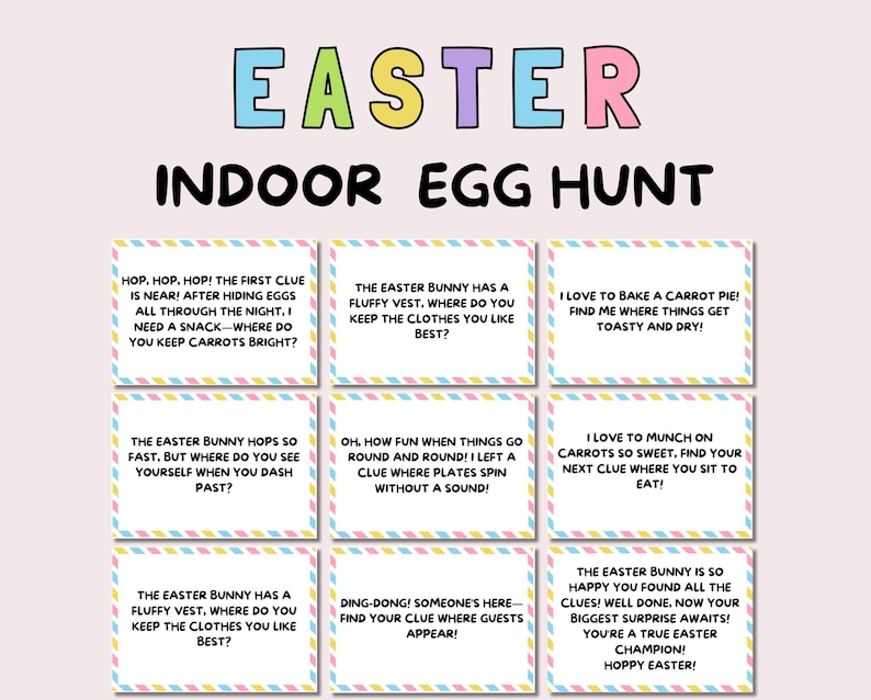 Easter Egg Hunt Scavenger Hunt Clue Cards, Indoor Printable Easter Egg ...