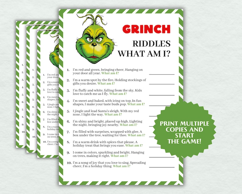 Grinch Riddles Who Am I Game, Funny Christmas Questions and Answers for ...