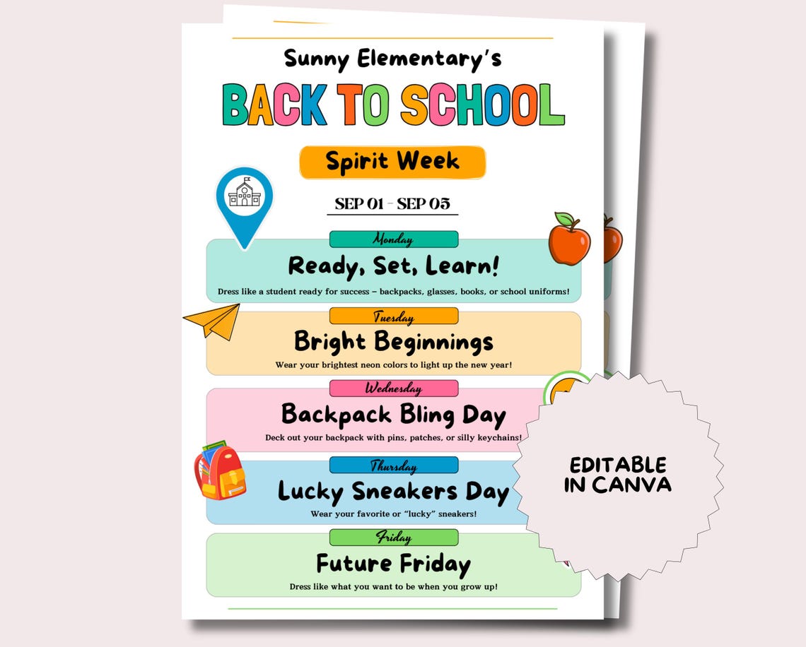 Back to School Spirit Week Flyer Editable in Canva, Autumn School ...