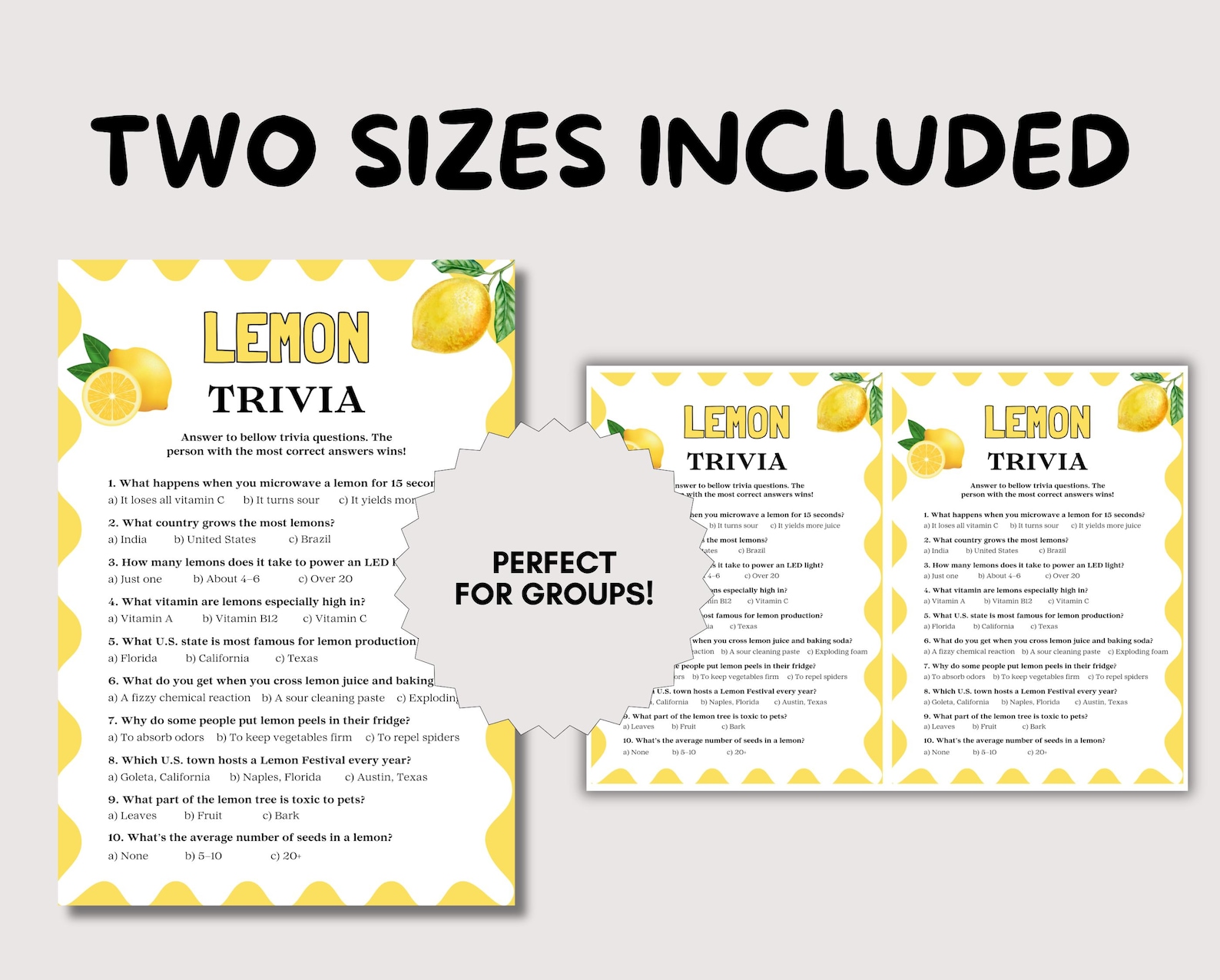 Lemon Trivia Game, Lemon Game for Kids Adults, Lemon Themed Baby Shower Summer Lemonade Party ...
