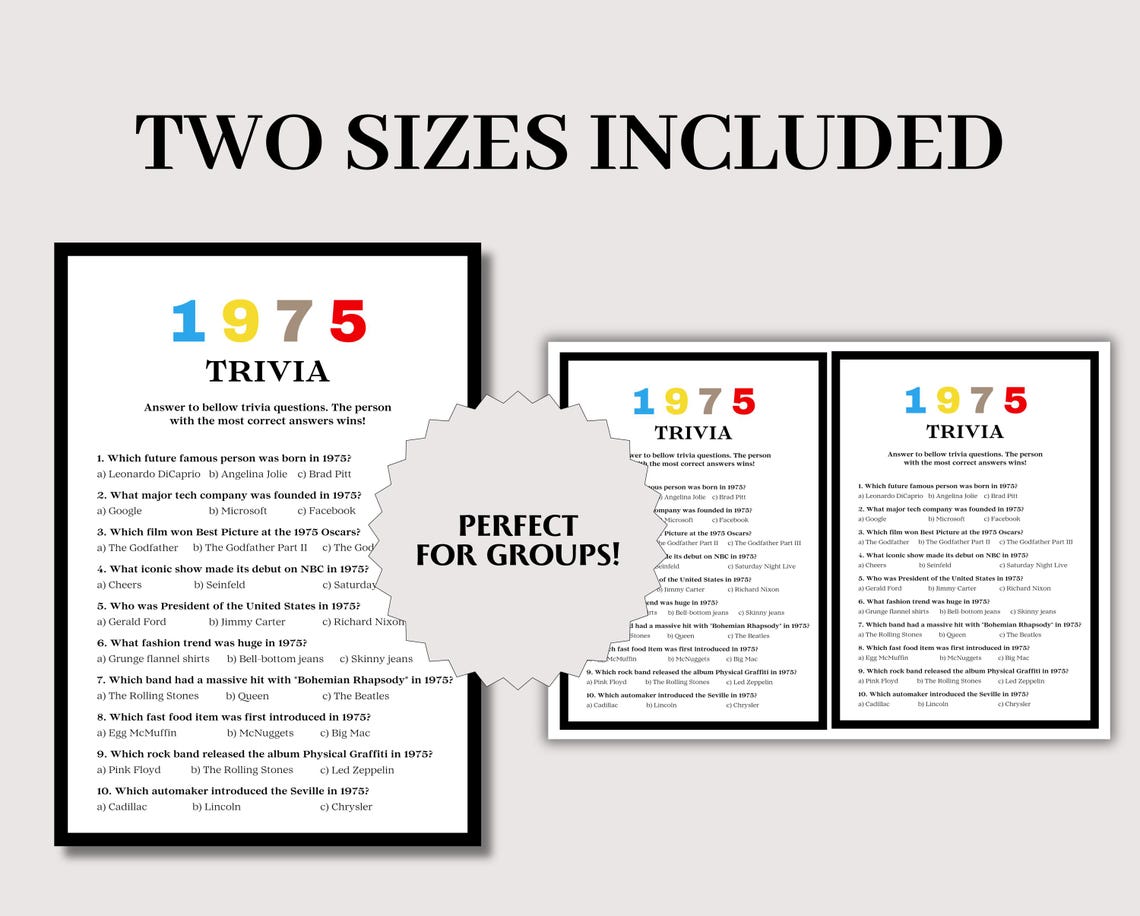 1975 Trivia Game, 50th Birthday Party Activities, 50th Birthday Trivia ...