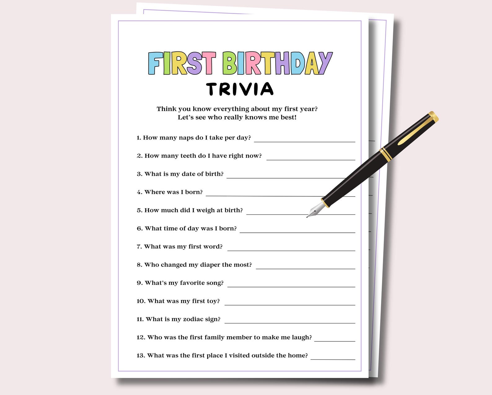 1st Birthday Trivia, First Birthday Trivia, First Birthday Game ...
