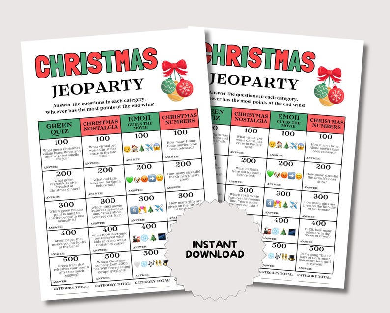 Christmas Jeopardy Game, Fun Printable Christmas Game for Adults Kids ...