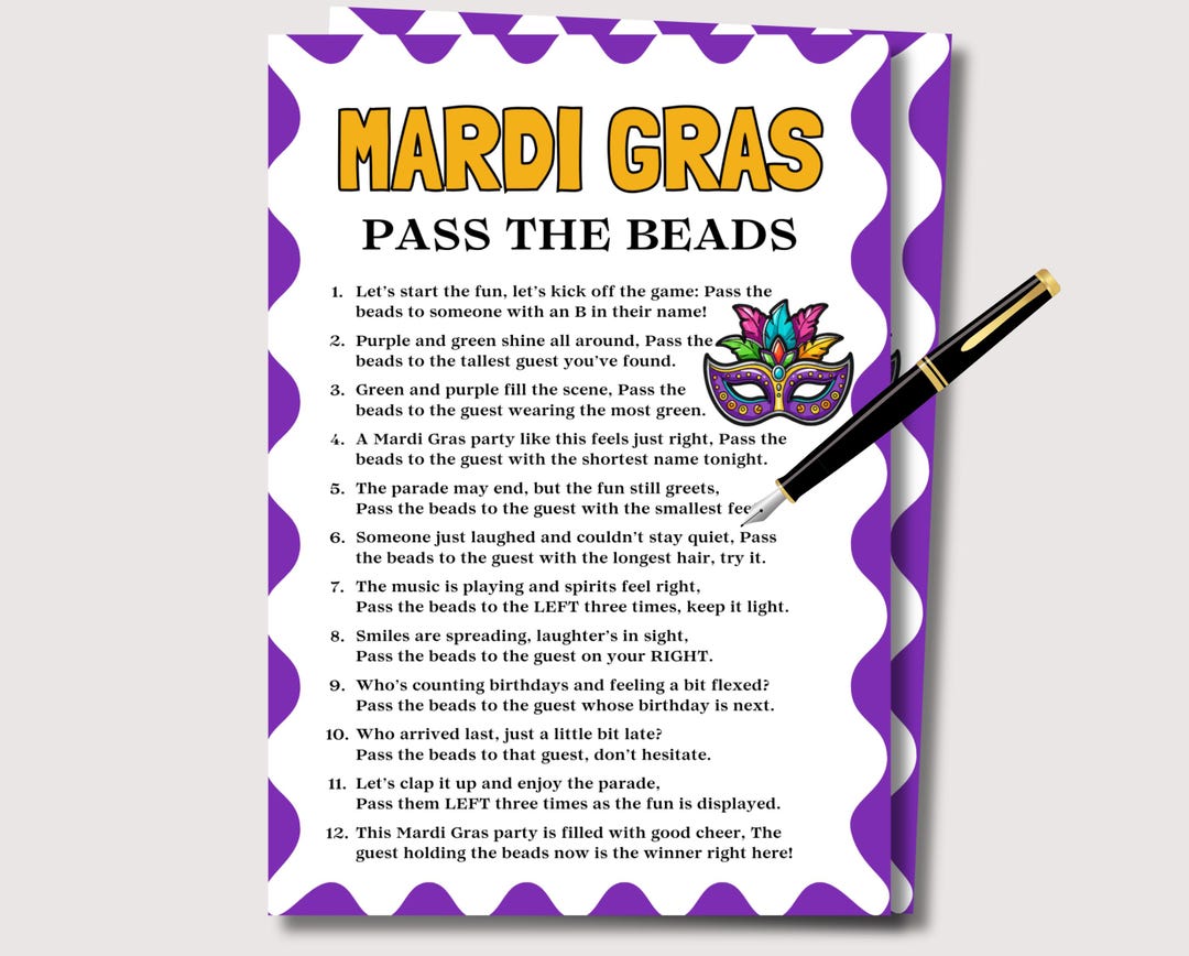 Mardi Gras Pass the Beads Game, Fun Printable Mardi Gras Game for Kids ...
