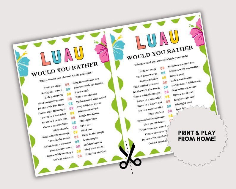Luau Games Would You Rather, Luau Party Games, Hawaiian Themed Game, Summer Party Games, Luau ...