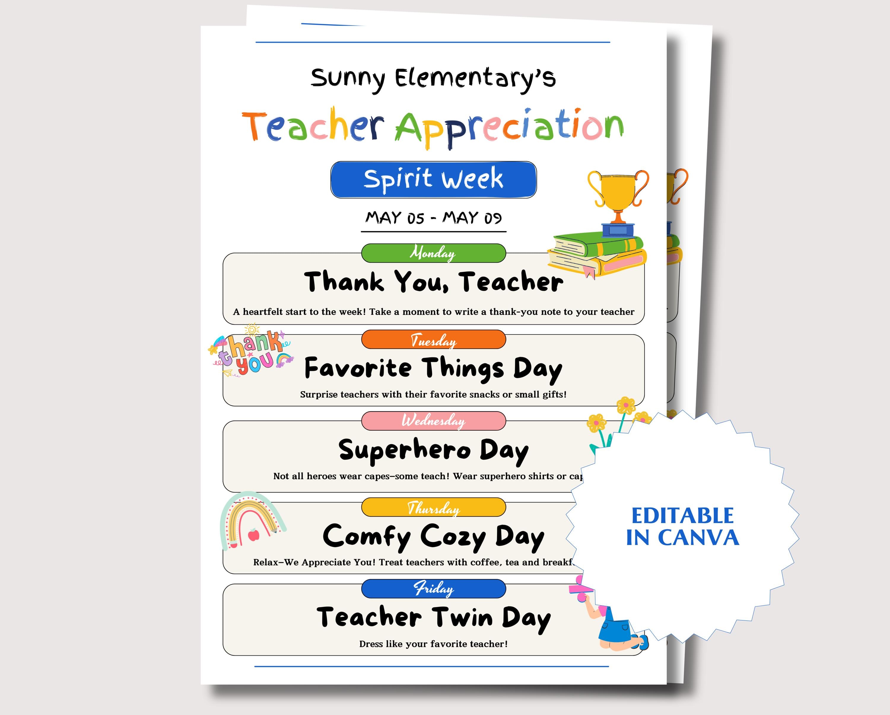 Teacher Appreciation Week Flyer, Editable Spirit Week Template, Thank ...