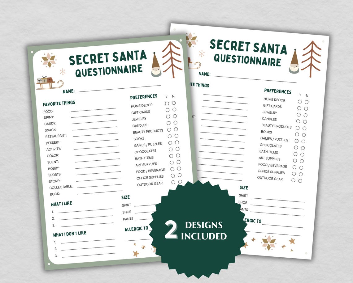 Secret Santa Questionnaire Printable, Secret Santa Survey, Simple ...