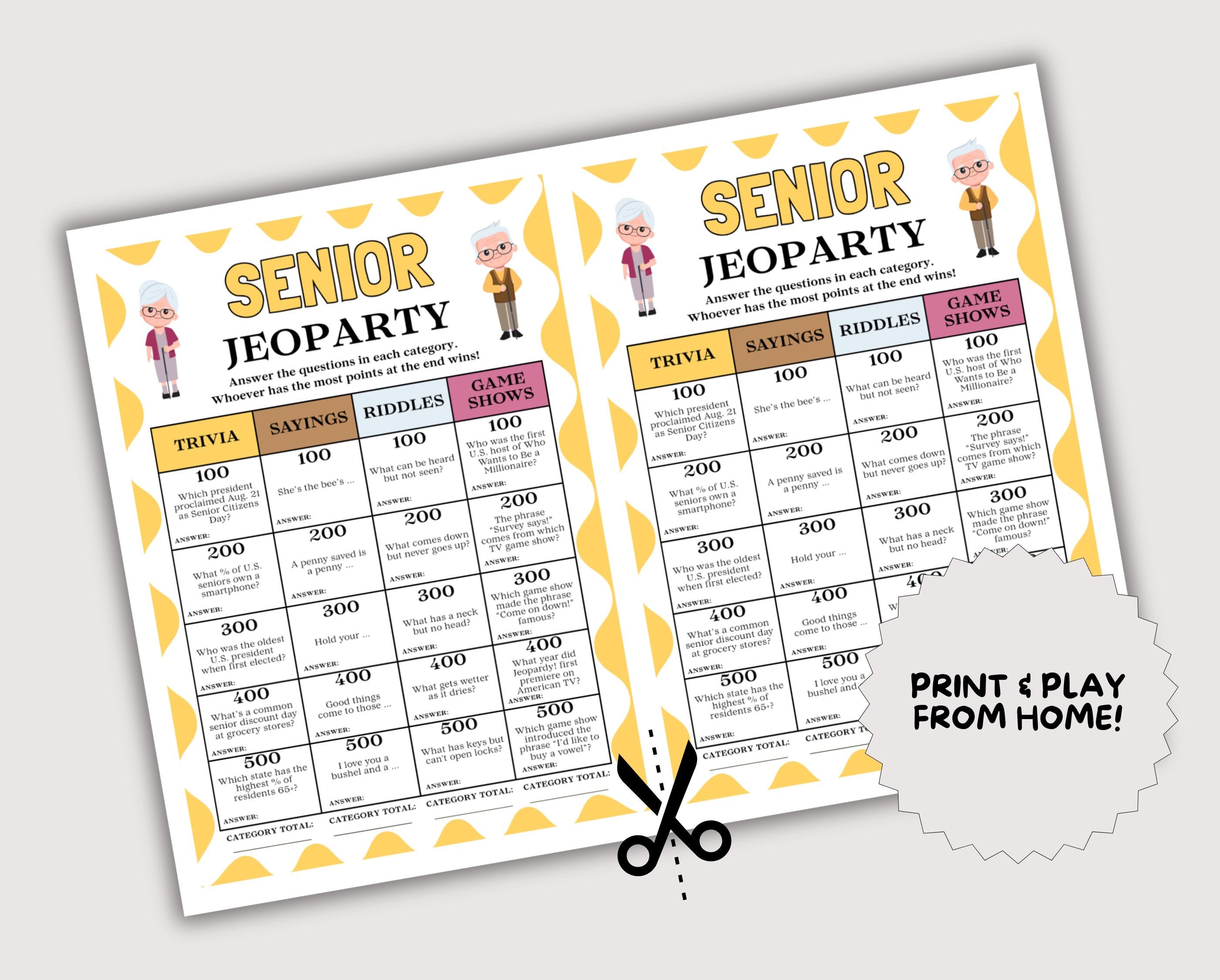 Senior Jeopardy Game, Fun Game for Seniors Group, Senior Riddles ...