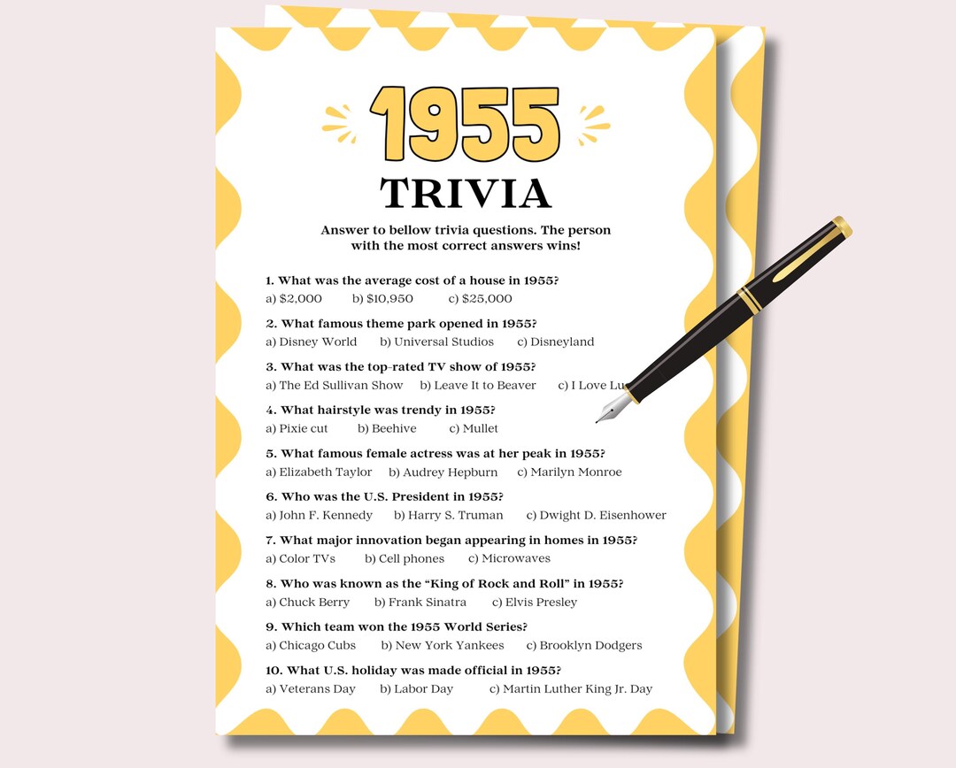 1955 Trivia Game, 70th Birthday Trivia Game, 70th Birthday Party ...