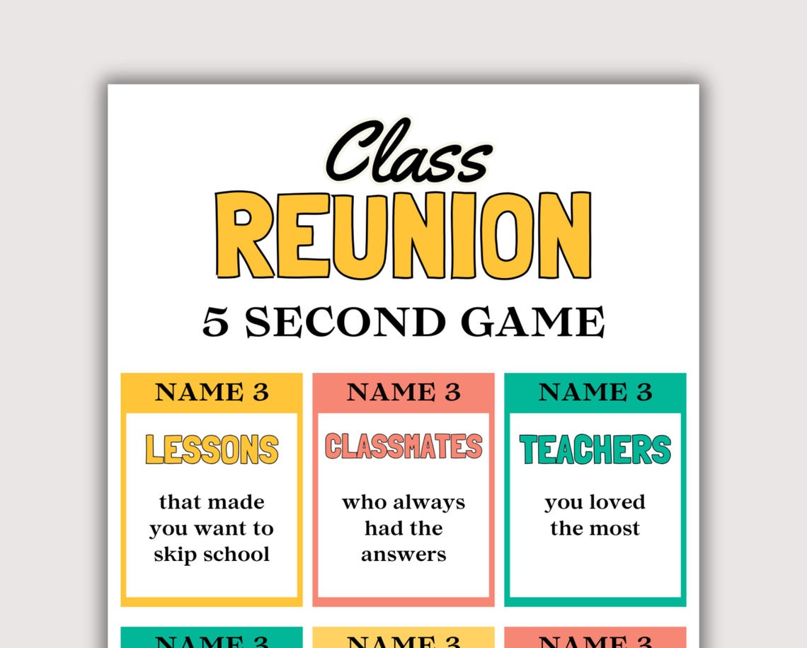 Class Reunion 5 Second Game, Fun Printable Class Reunion Game, High ...