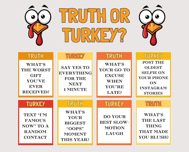 Friendsgiving Game Truth or Turkey, Funny Friendsgiving Game for Adults ...