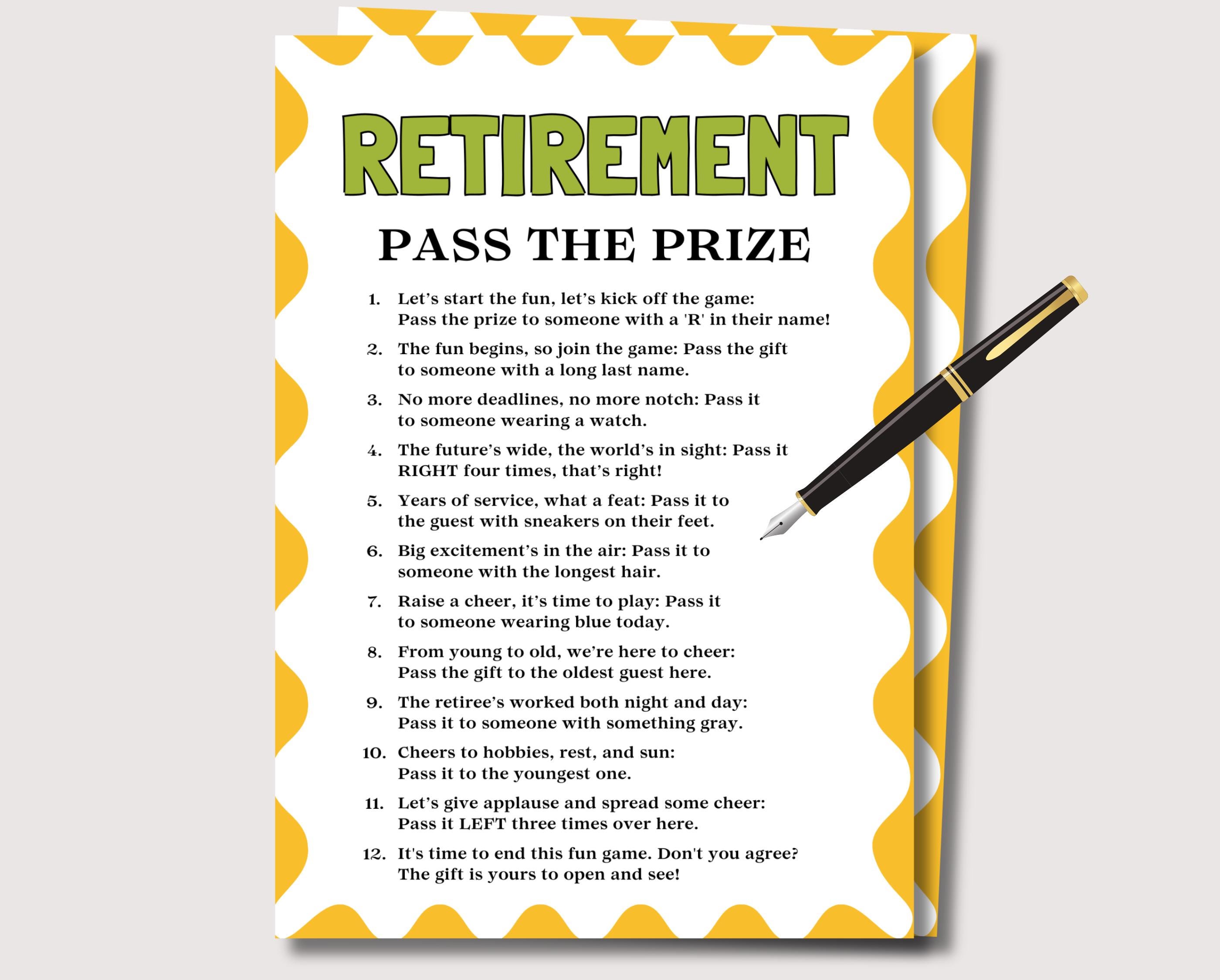 Retirement Pass the Prize Game, Fun Printable Retirement Party Game ...