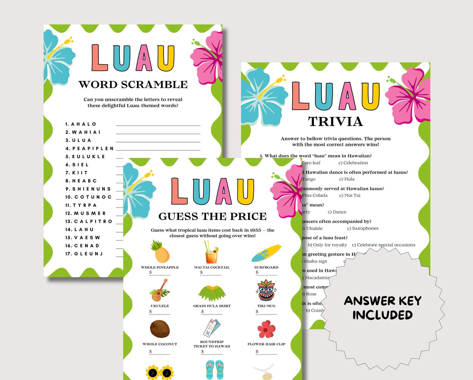 Luau Games Bundle, Luau Party Games for Kids Adults, Luau Friendly Feud ...