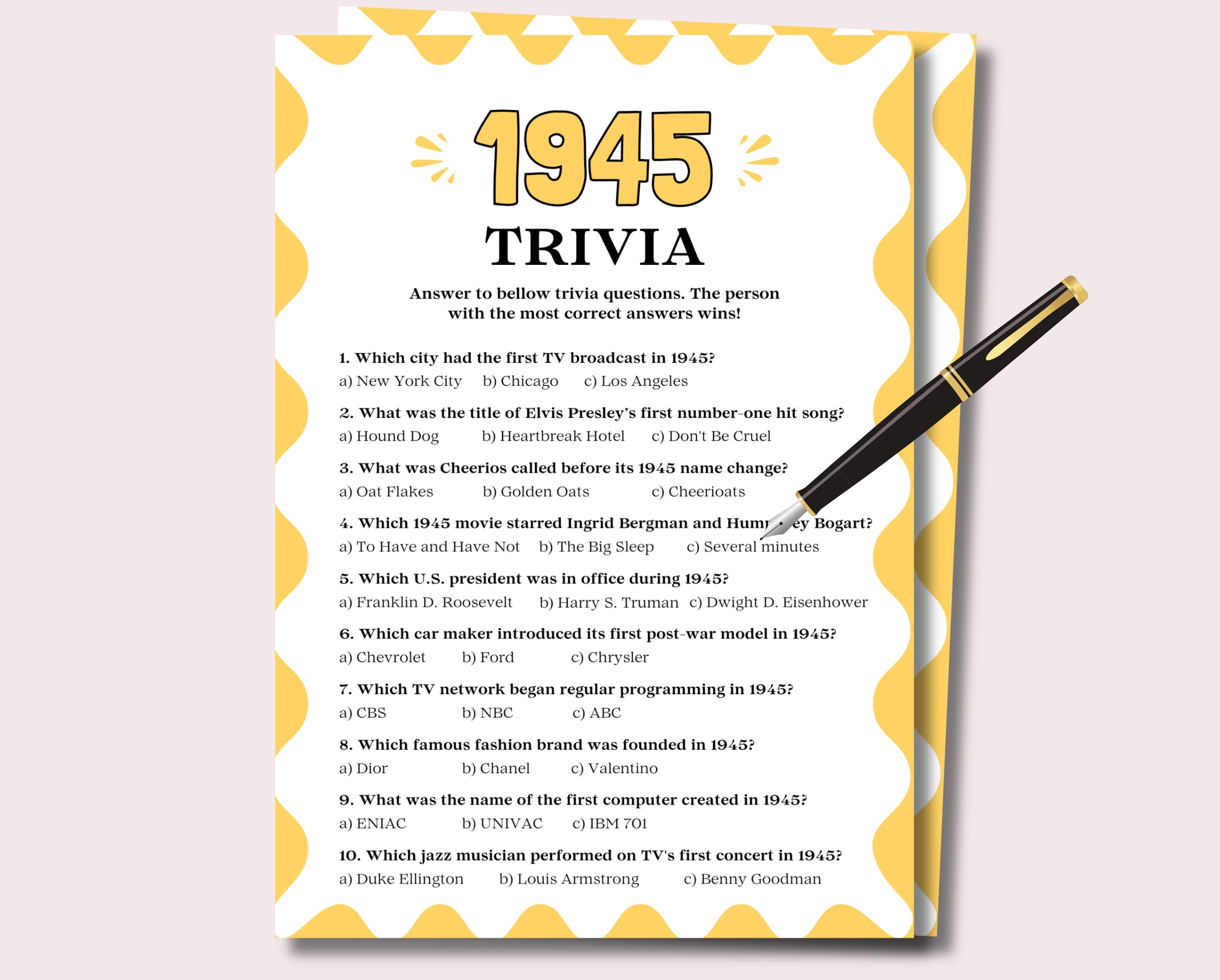 1945 Trivia Game, 80th Birthday Trivia, 80th Birthday Games, 1945 ...