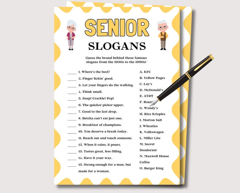 Senior Slogans Game, Funny Printable Trivia for Seniors Games for ...