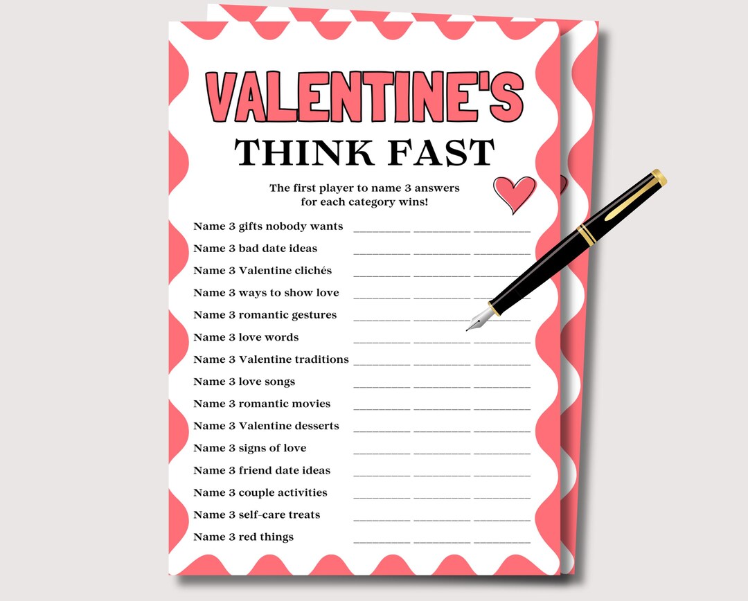 Valentine's Think Fast Game, Fun Valentine's Day Game for Adults ...
