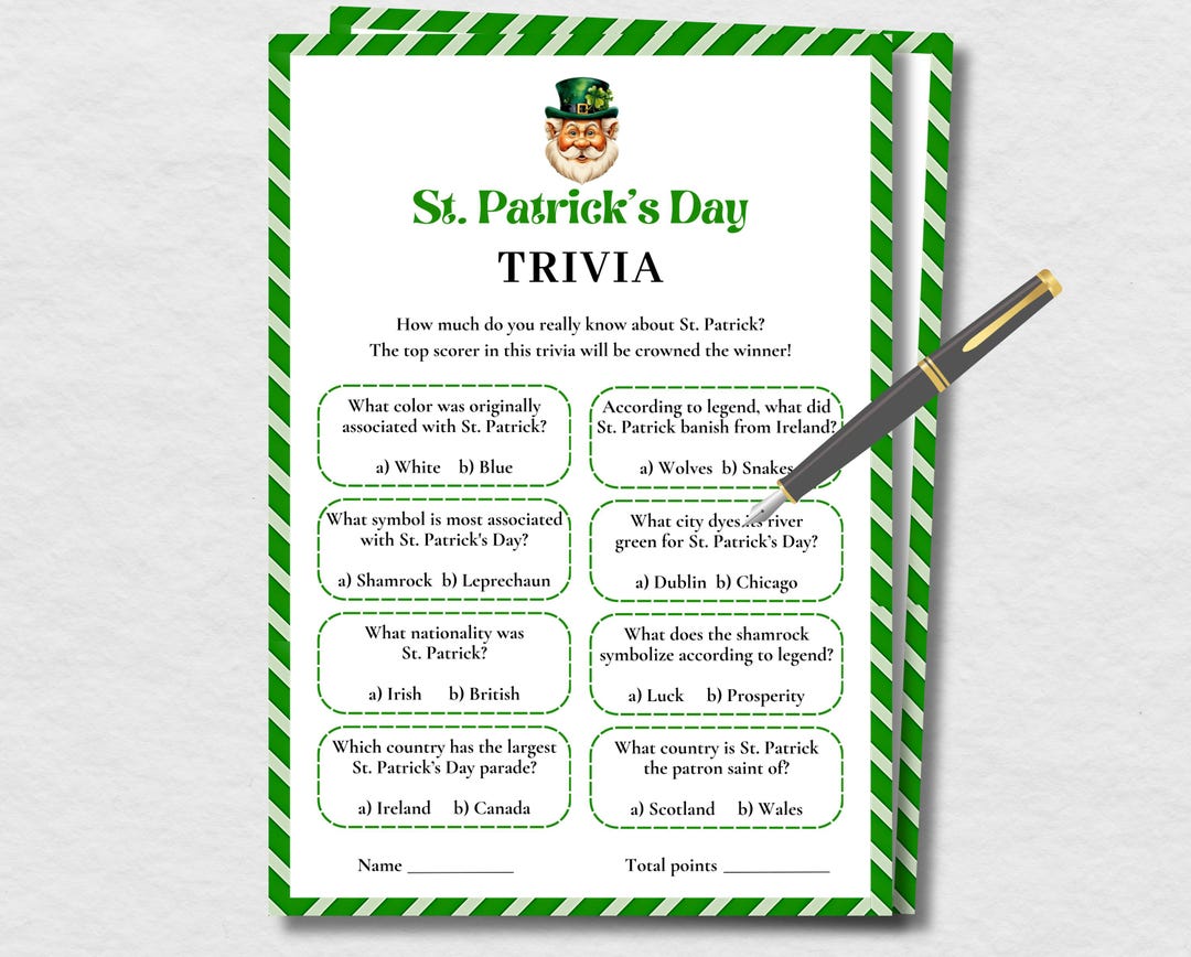 St Patricks Day Trivia St Patricks Game Printable, St Patricks Trivia ...