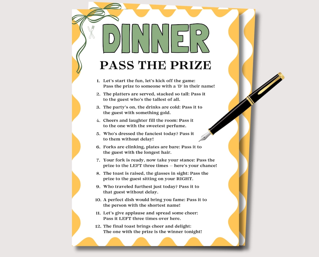 Dinner Party Pass the Prize Game, Fun Dinner Table Game, Dinner Party ...