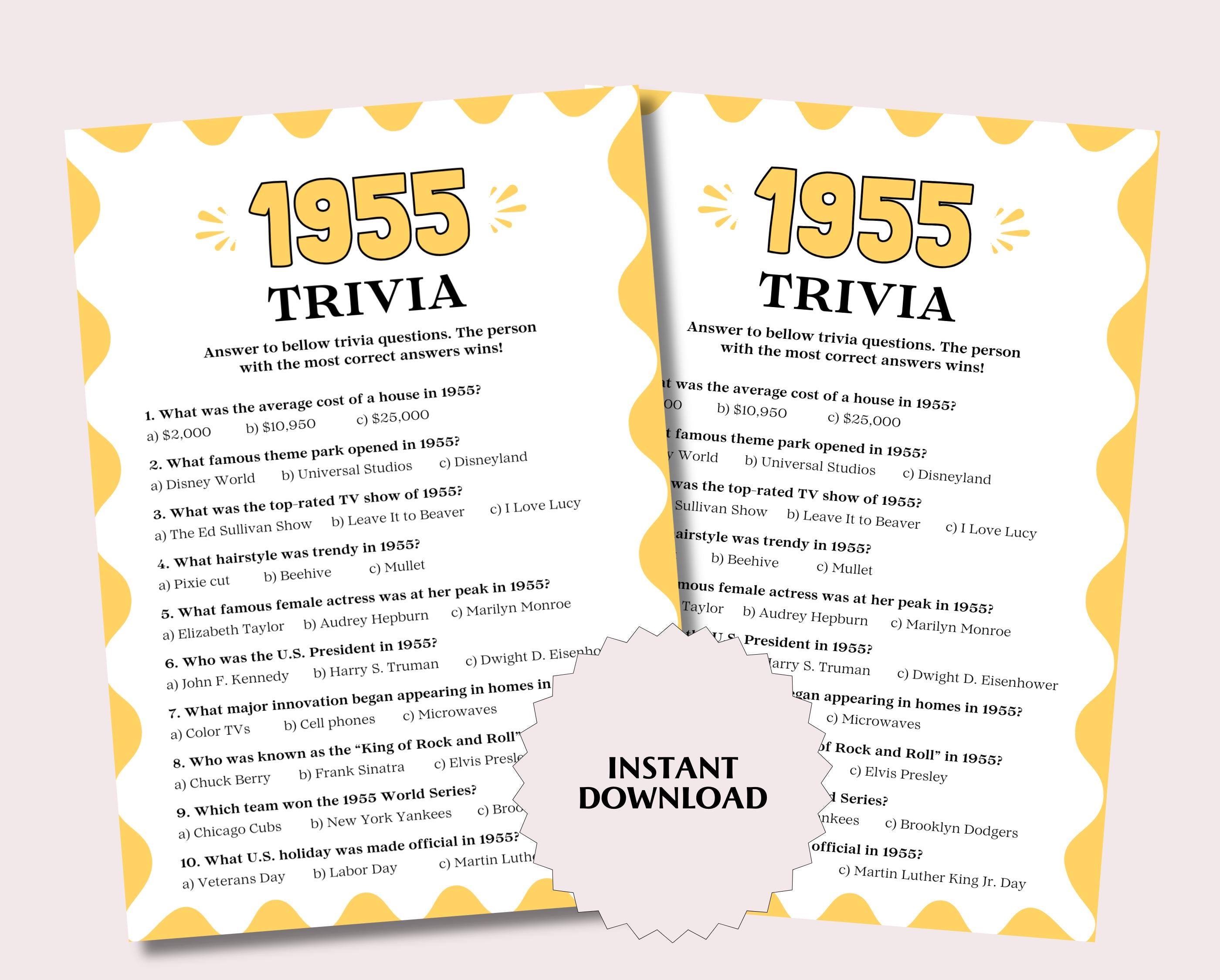 1955 Trivia Game, Fun 1955 Birthday Game for Her Him, 1955 Trivia Game ...