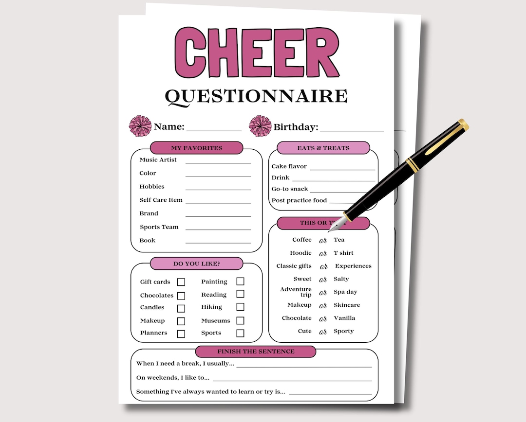 Cheer Questionnaire Form, All About Me Cheer Printable, Cheer Favorite ...