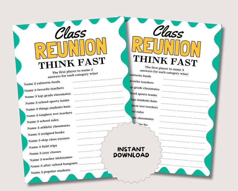 Class Reunion Think Fast Game, Fun Printable Class Reunion Game, High ...