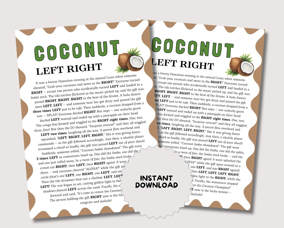 Coconut Left Right Game, Luau Games Pass the Prize, Luau Party Activity ...