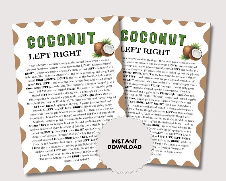 Coconut Left Right Game, Luau Games Pass the Prize, Luau Party Activity ...