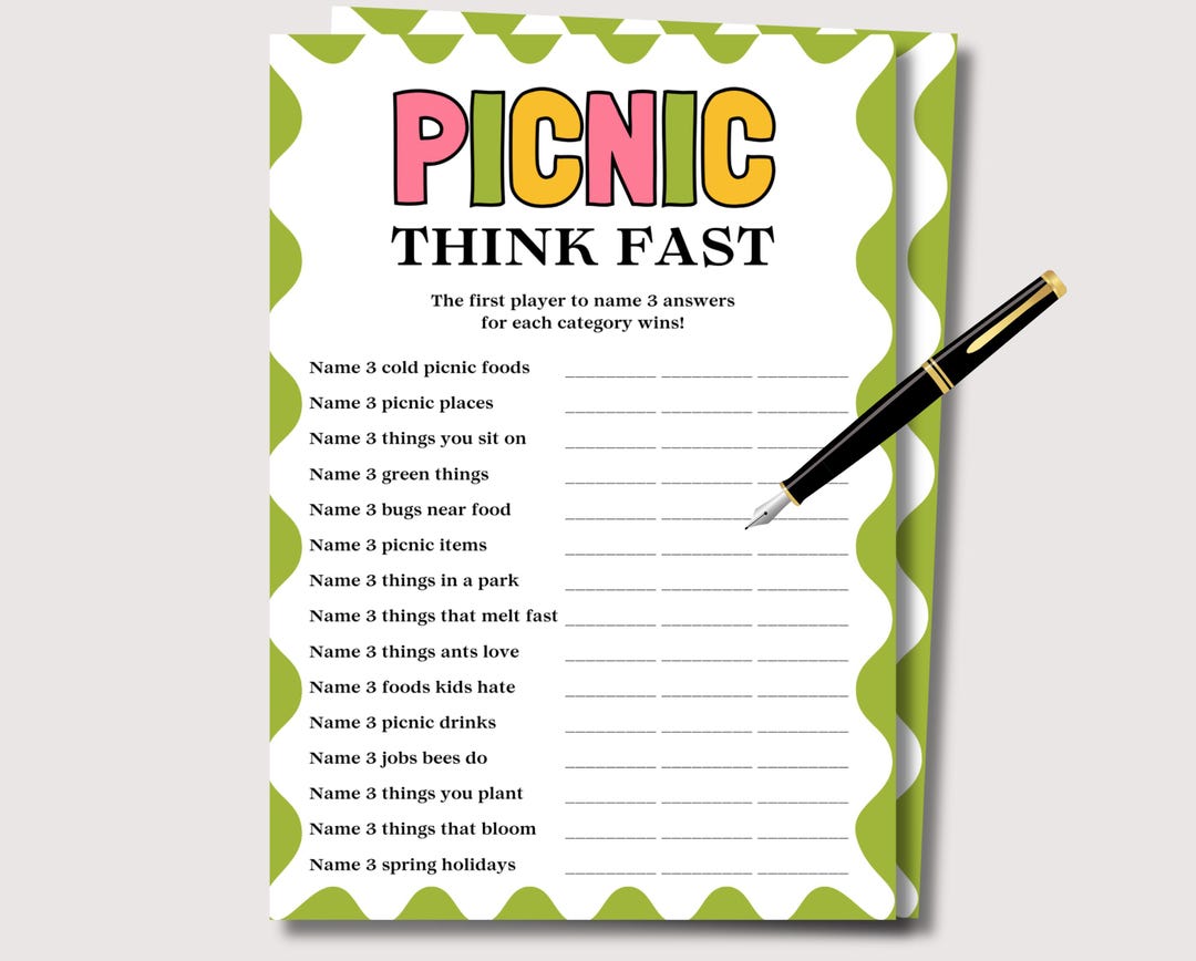 Picnic Think Fast Game, Fun Picnic in the Park Game for Kids Adults ...