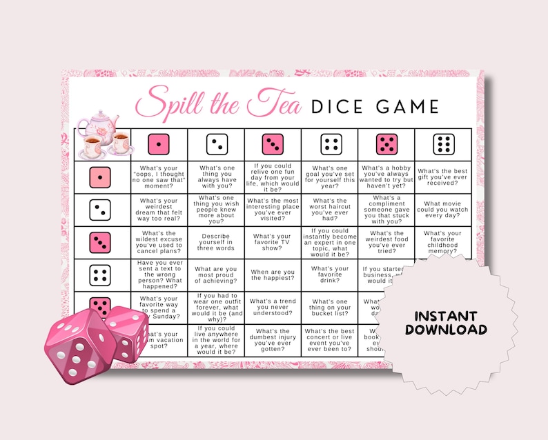 Spill the Tea Game, Tea Party Game Printable, Tea Party Dice Game ...